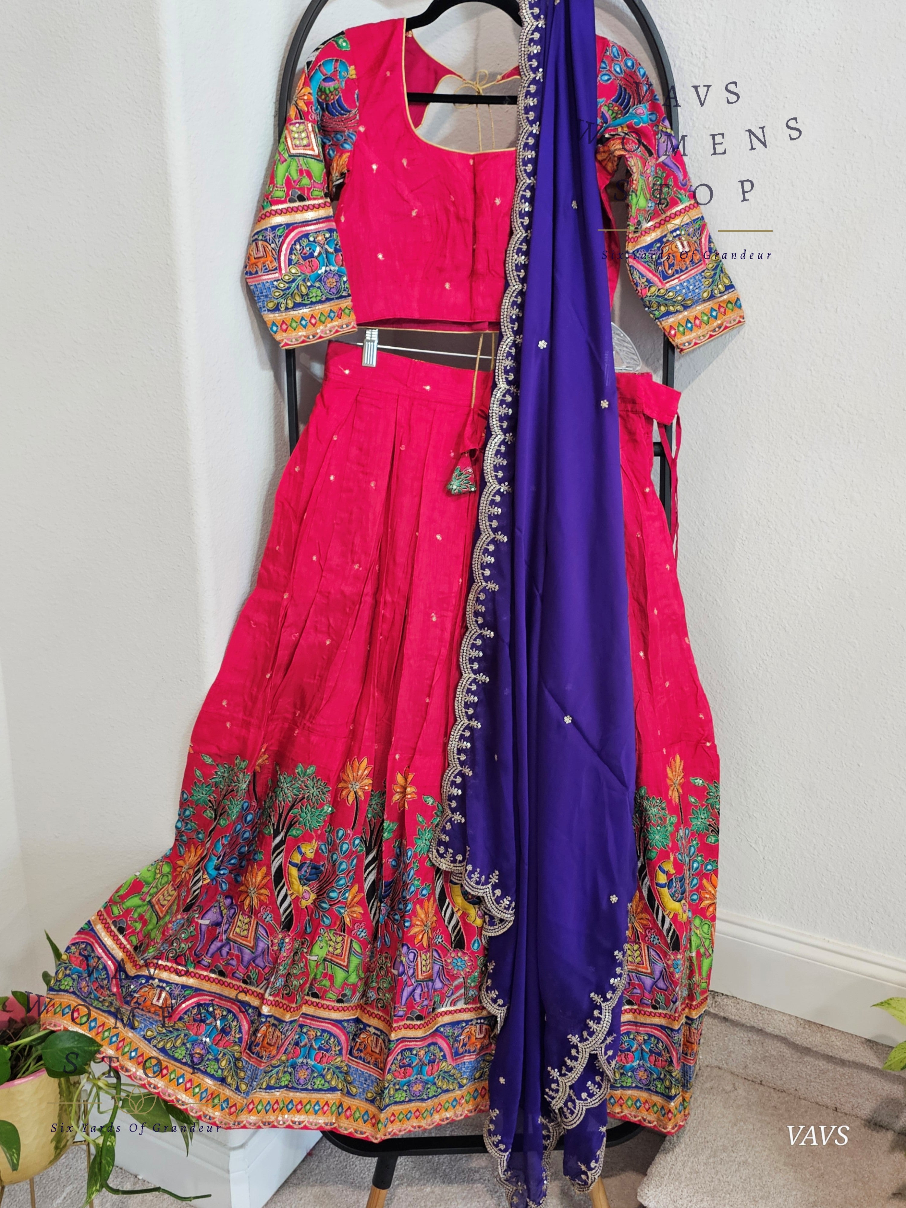 Mythical Animal Motif Embroidered Pink Half Saree Set – Munga Benarasi ...