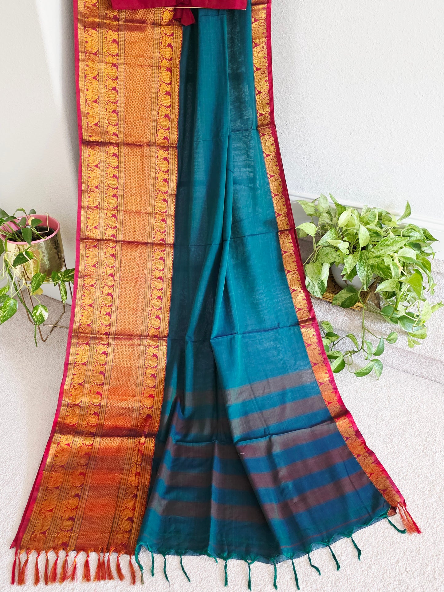 Narayanpet Cotton Saree in Teal Blue with Gold Zari Border | Ready to ...