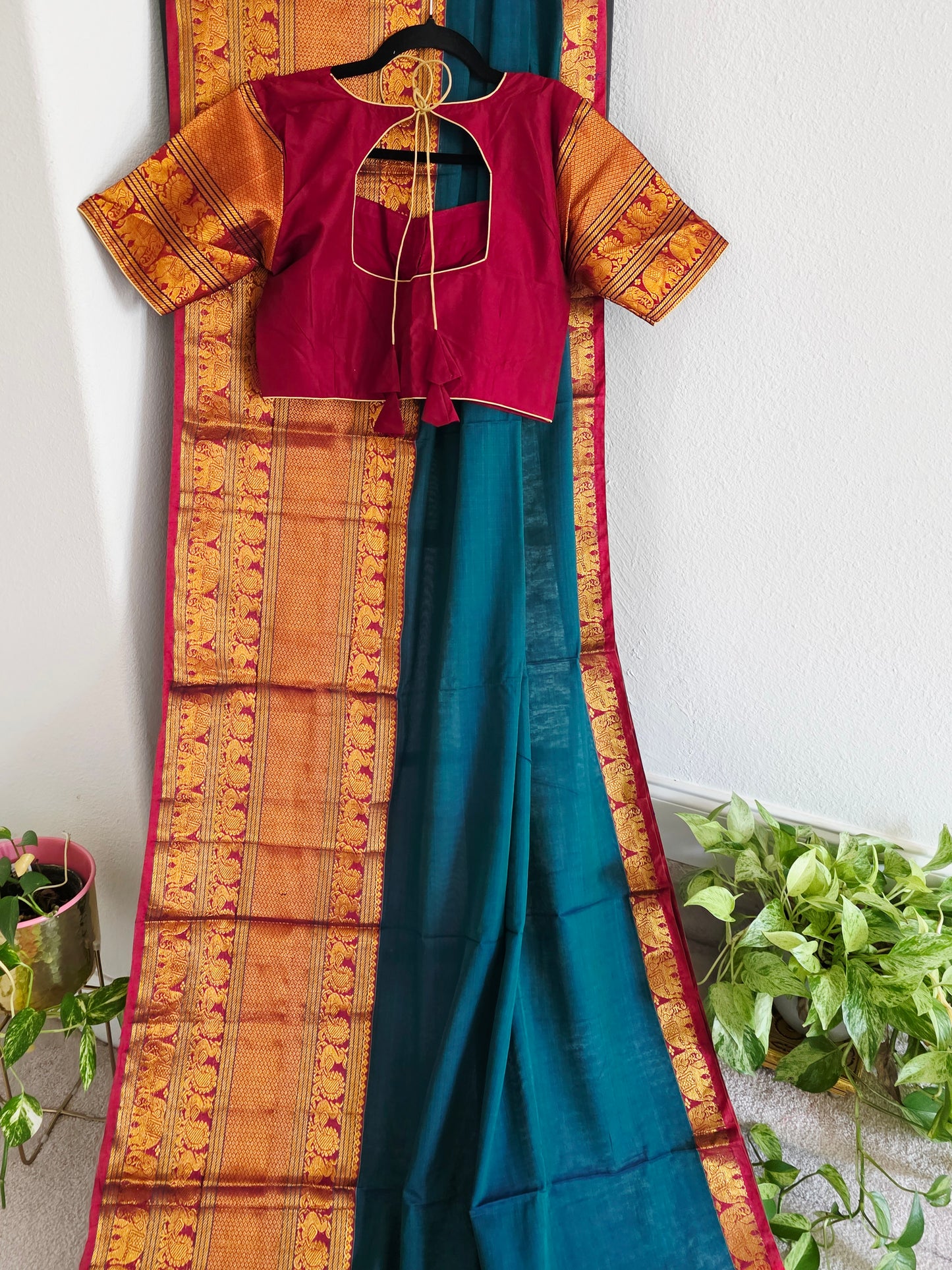 Narayanpet Cotton Saree in Teal Blue with Gold Zari Border | Ready to ...